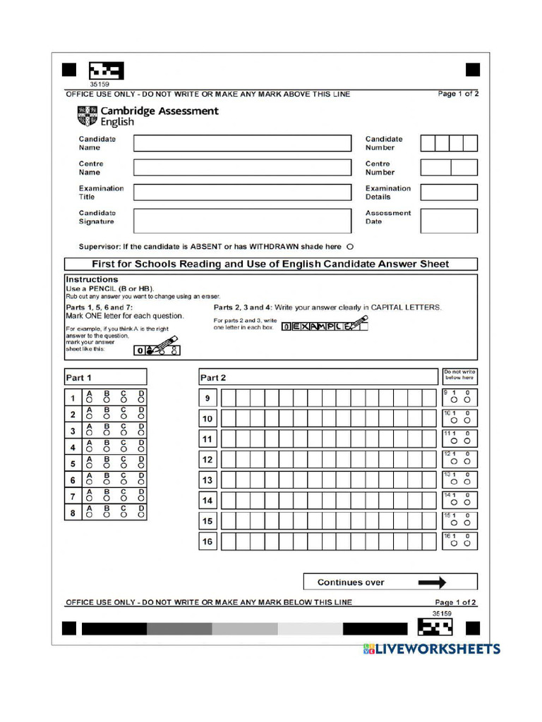 Answer Sheet B2 First (Reading & Use of English) | PDF