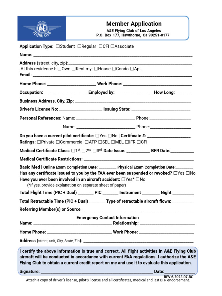 A&E Flying Club Membership Application | PDF | Aircraft | Aeronautics