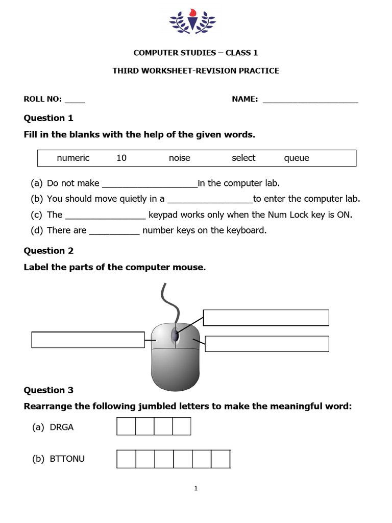 Computer Studies Class 1 Worksheet | PDF