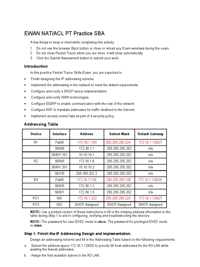Ewan Nat/Acl PT Practice Sba: Device Interface Address Subnet Mask Default Gateway | PDF