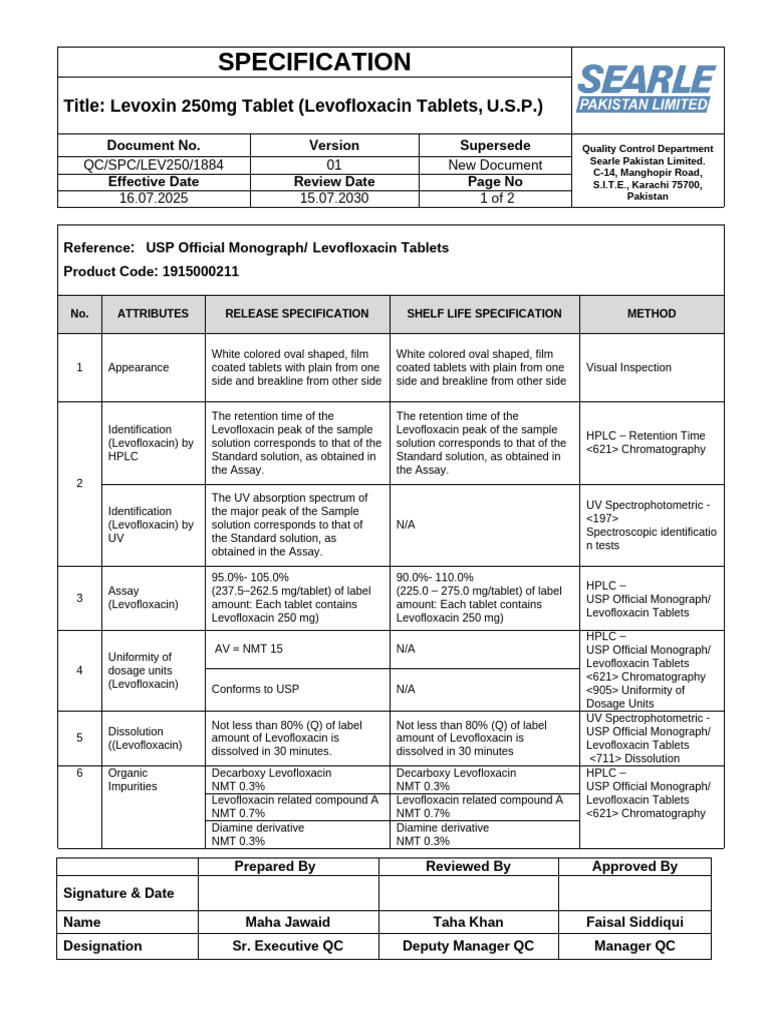 Specification of Levoxin 250mg Tablets | PDF | High Performance Liquid Chromatography | Colony ...