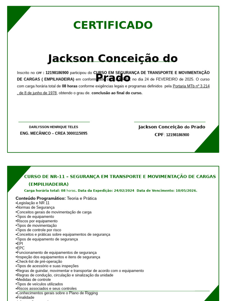 Modelo de Certificado Do Curso de NR 11 | PDF