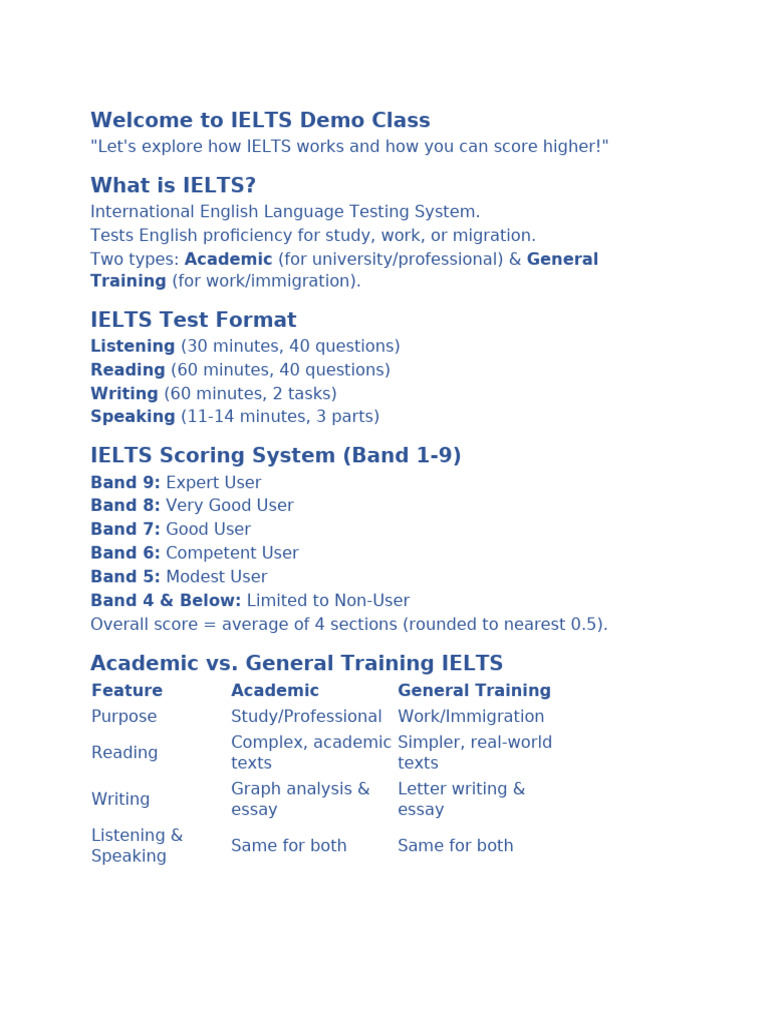 IELTS Demo Class Overview and Tips | PDF