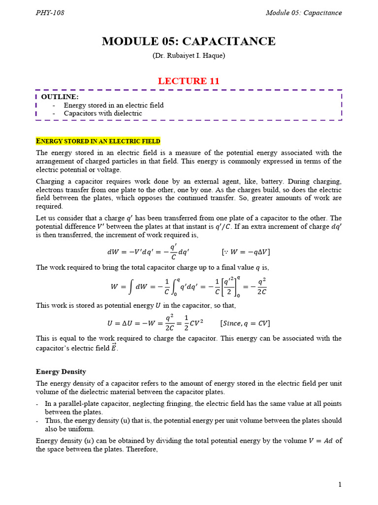 LECTURE 11 (NOTE) - Module 05 - Capacitance | PDF | Capacitor | Capacitance