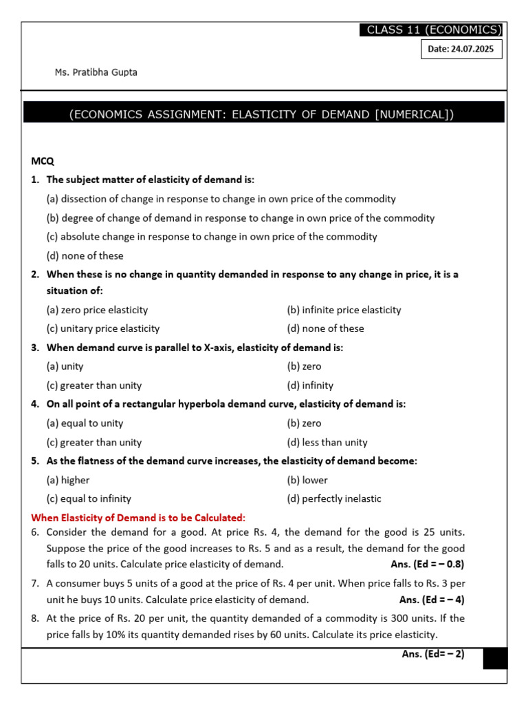 Class 11 Elasticity of Demand Numericals | PDF | Demand | Elasticity ...