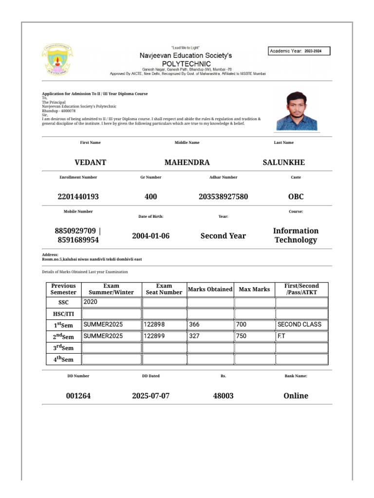 Nesp - in Students Printadmissionform - PHP Year Second Year | PDF | Educational Stages ...