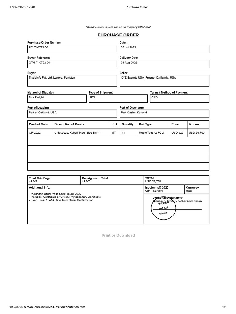 CIF Purchase Order for Karachi Port | PDF | International Business ...