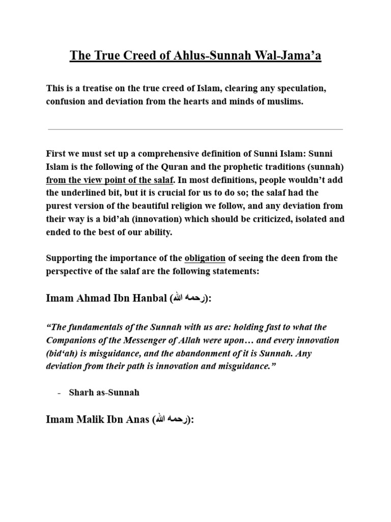 True Creed of Ahlus-Sunnah Wal-Jama'ah | PDF | God In Islam | Sunni Islam