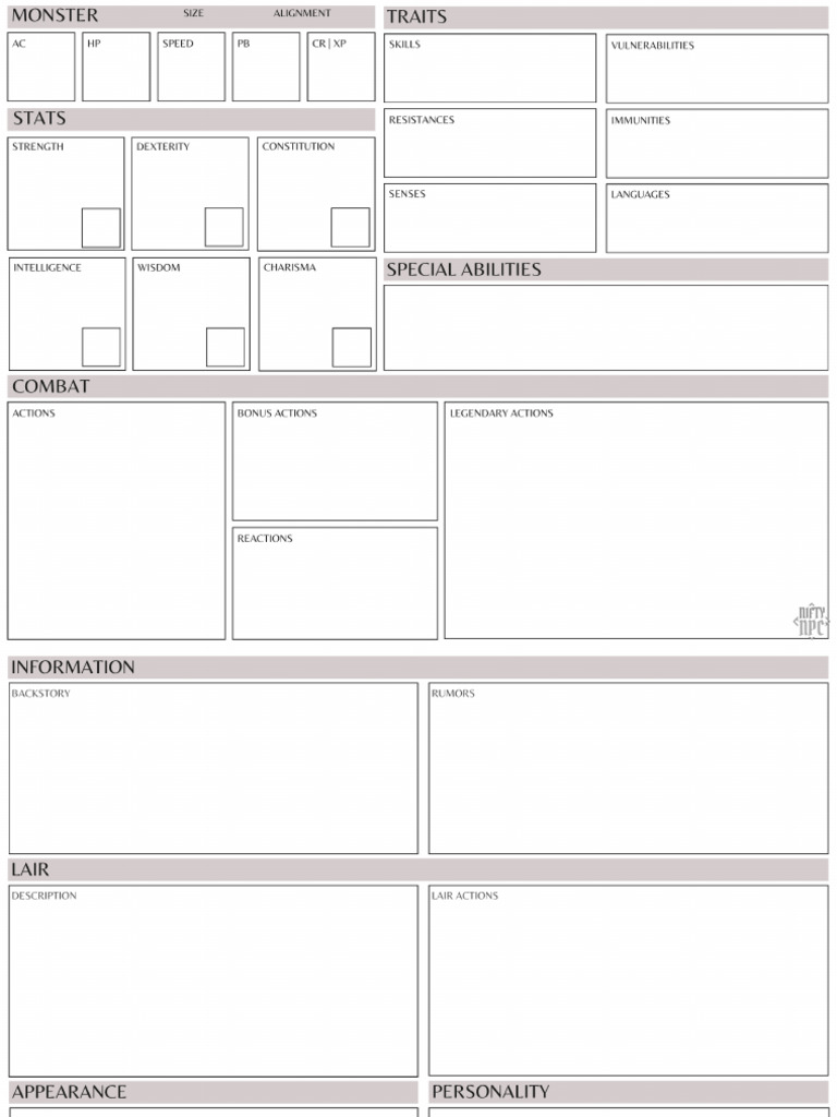 Monster Stat Block Sheet Landscape | PDF