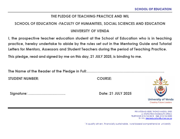 Teaching Practice Pledge Form | PDF