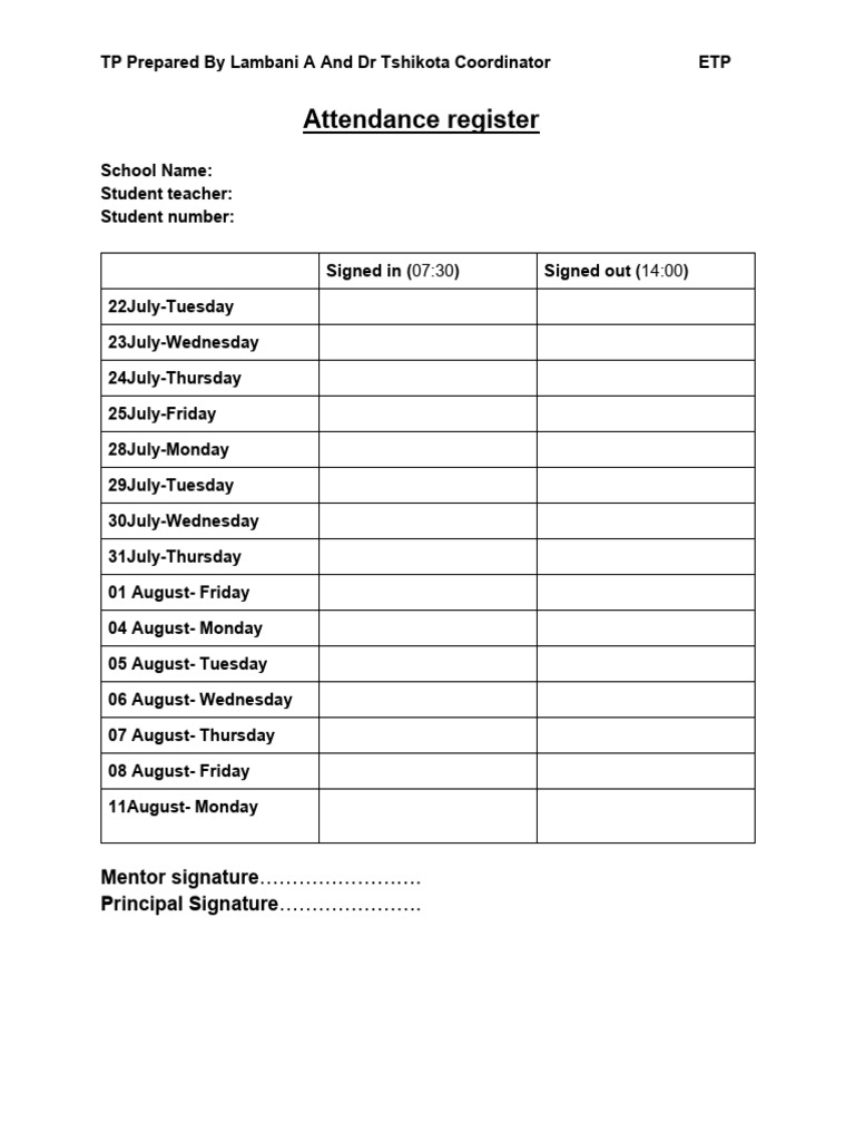Attendence Register (Sign in & Out) | PDF