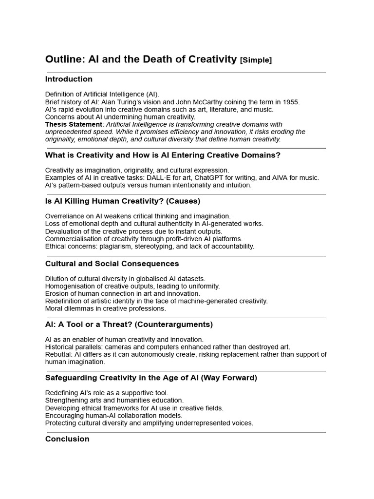 Outline - AI and The Death of Creativity (Simple) | PDF | Artificial ...