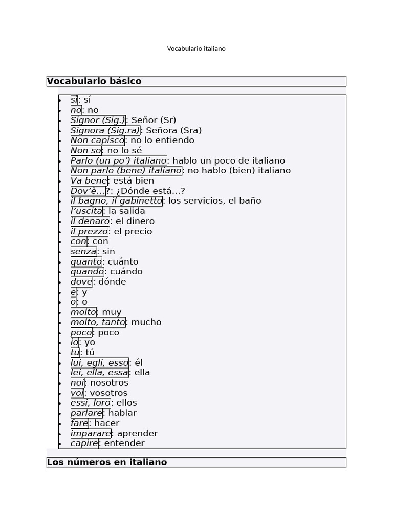 Vocabulario Básico en Italiano | PDF | Comportamientos alimenticios de ...