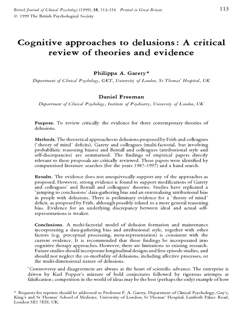 Cognitive Approaches To Delusions | PDF | Delusion | Schizophrenia