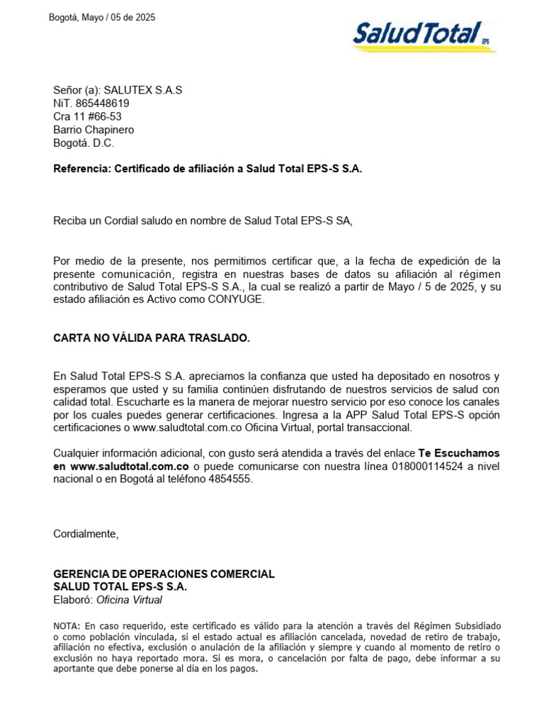 Certificado de Afiliación Salud Total EPS-S | PDF