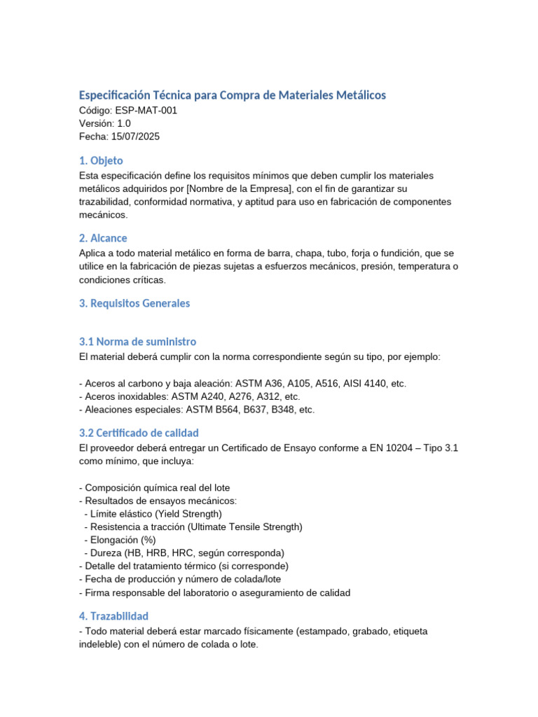 Especificacion Tecnica Materiales Metalicos | PDF | Acero | Ingeniería mecánica