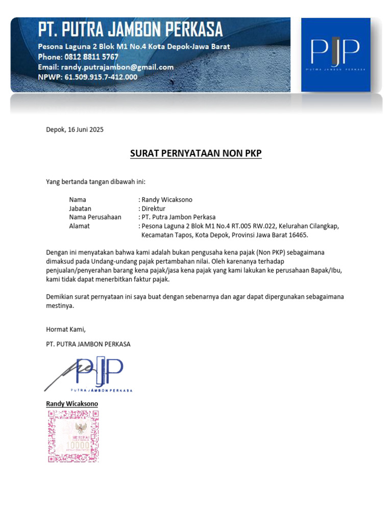 Surat Pernyataan Non PKP PT. Putra Jambon | PDF