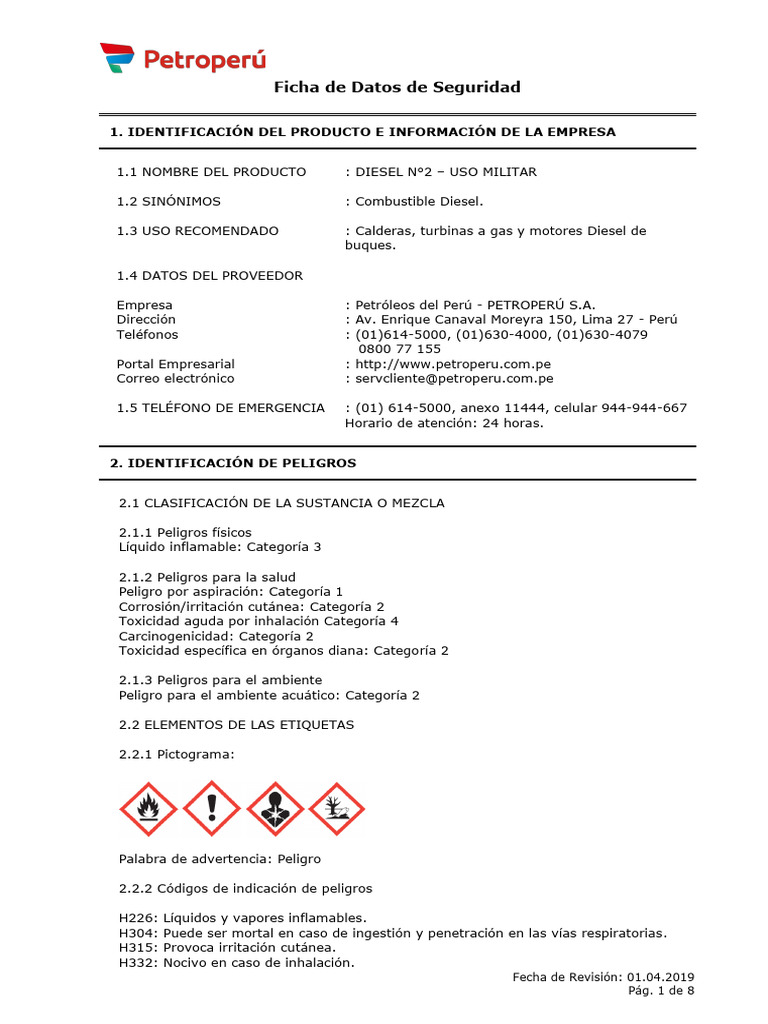 Hoja Msds Diesel d2 | PDF | Agua | Combustible diesel