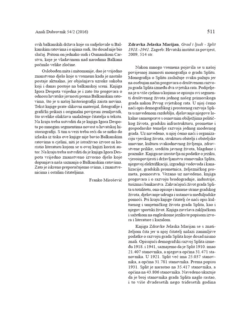 Mirosevic Franko - Grad i Ljudi - Split 1918.-1941 | PDF