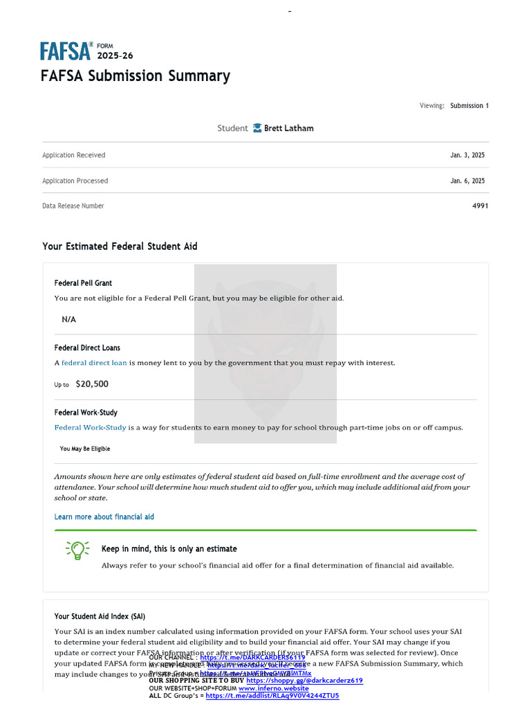 FAFSA Submission Summary 2025-26 FAFSA Form Federal Student Aid | PDF ...