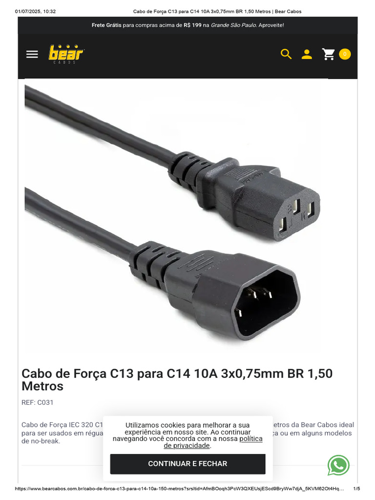 Cabo de Força C13 para C14 10A 3x0,75mm BR 1,50 Metros - Bear Cabos ...