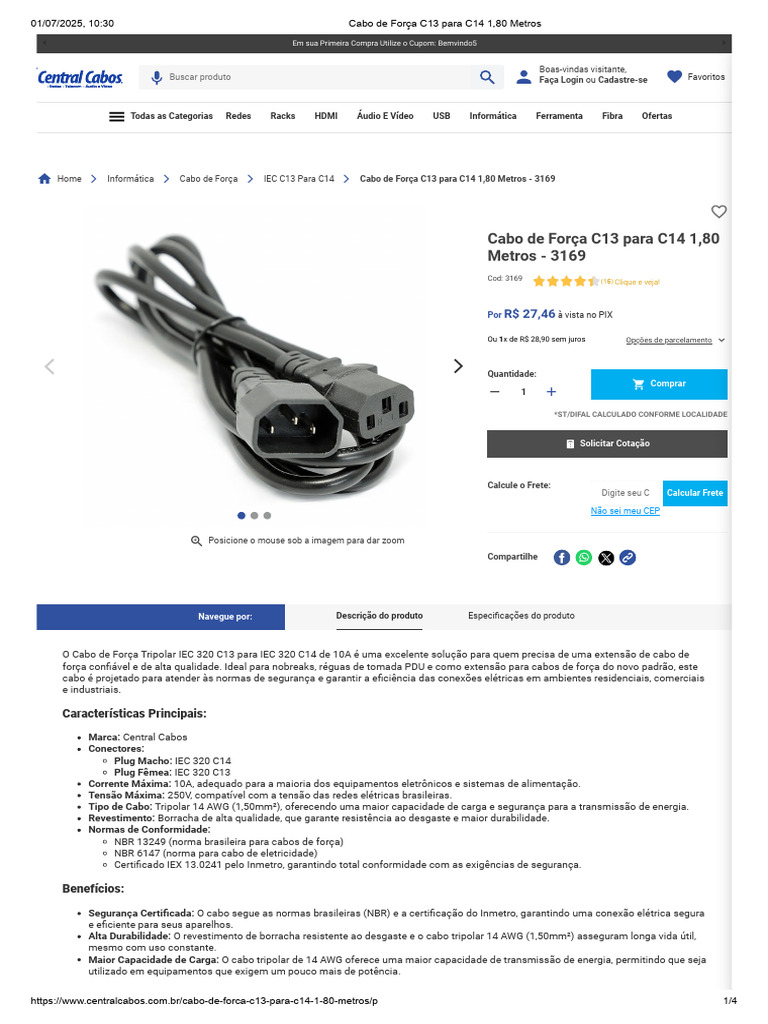 Cabo de Força C13 para C14 1,80 Metros | PDF | Conector elétrico | USB