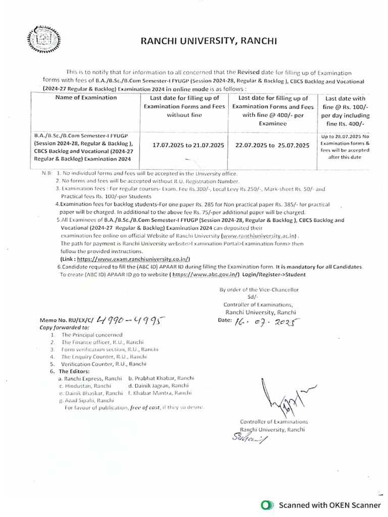Notice Revised date for filling up of Examination forms with fees of B ...
