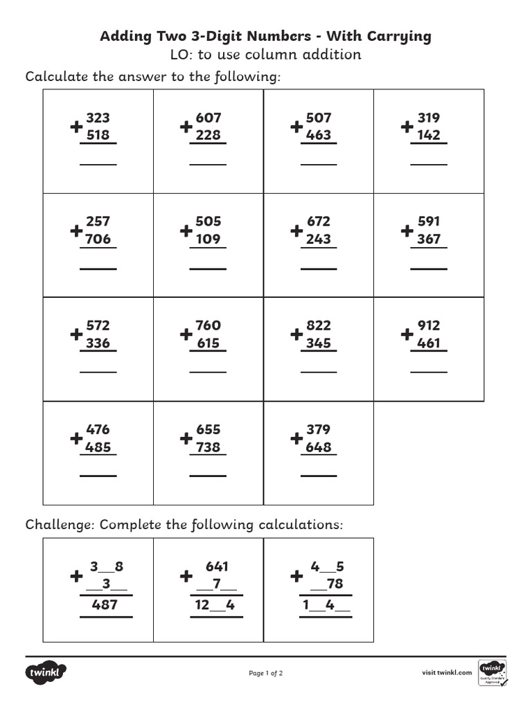 Adding 2 3 Digit With Carrying Questions | PDF
