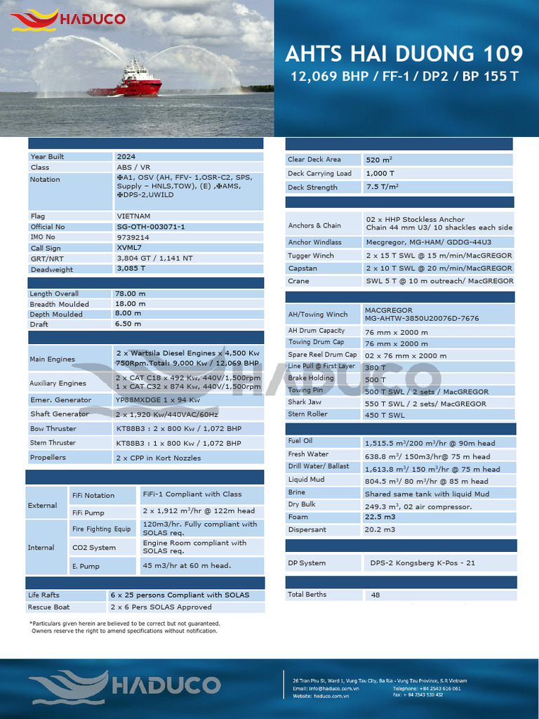 AHTS Hai Duong 109 Specifications | PDF | Anchor | Watercraft