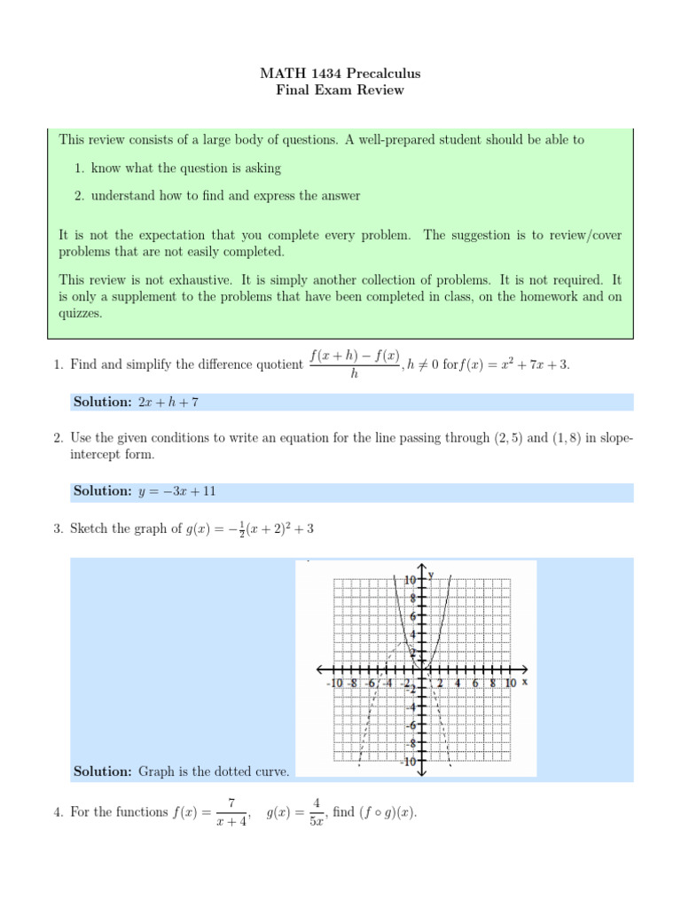 MATH 1434 Precalculus Exam Review Guide | PDF | Function (Mathematics ...