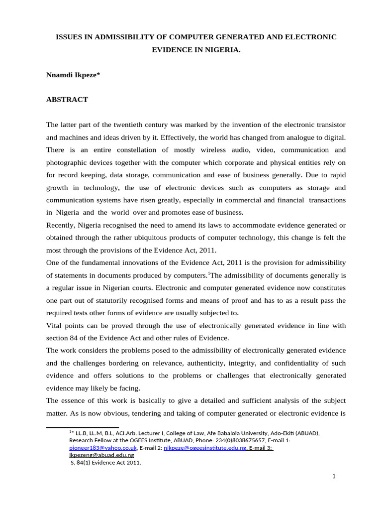 Admissibility of Computer Evidence in Nigeria | PDF | Evidence (Law ...