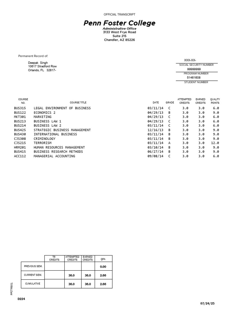 Deepak (Danny) Singh Penn Foster College Transcript July 24, 2025 | PDF ...