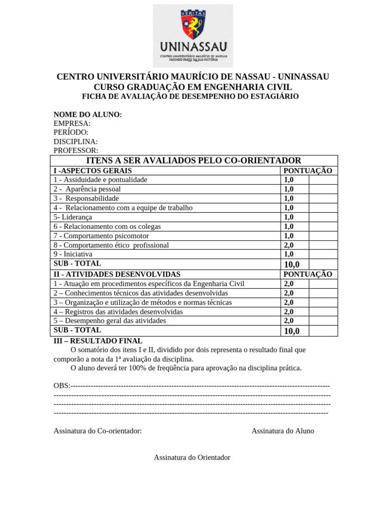 Ficha de Avalia o Est Gio | PDF