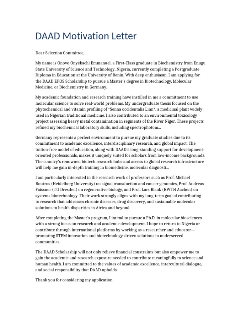 DAAD Motivation Letter Onovo | PDF | Biotechnology | Health Sciences