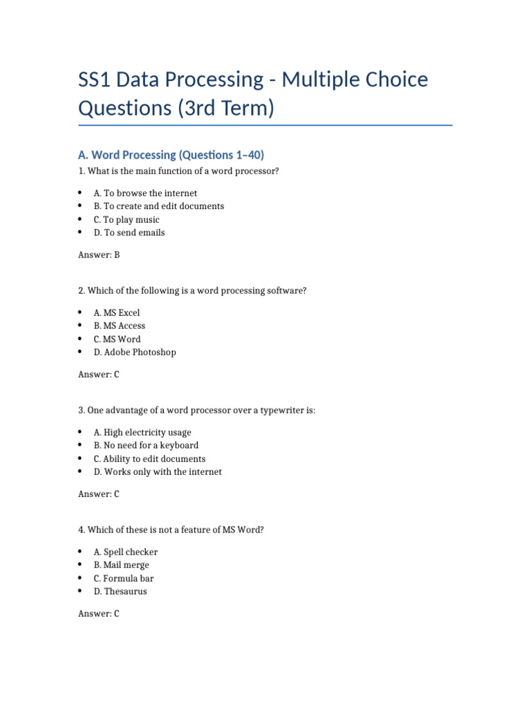 SS1 Data Processing 100 MCQs | PDF | Microsoft Access | Spreadsheet