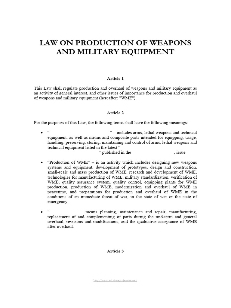 Law On Production of Weapons and Military Equipment | PDF | Safety