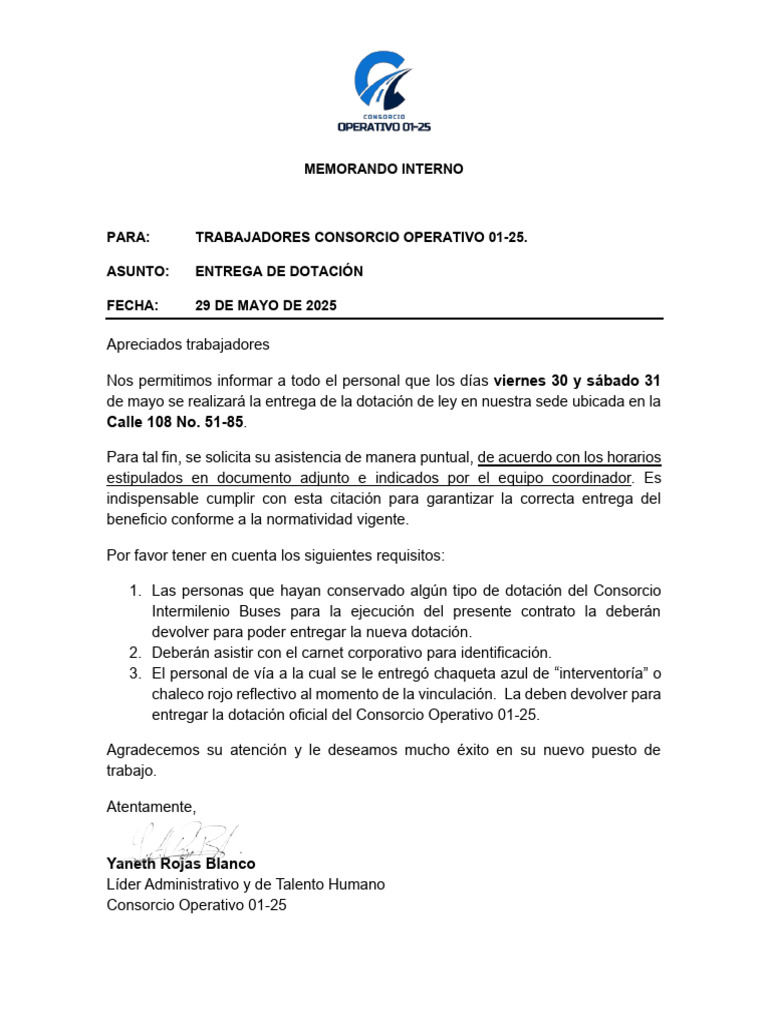 Consorcio Operativo - Memorando - Entrega Dotación | PDF