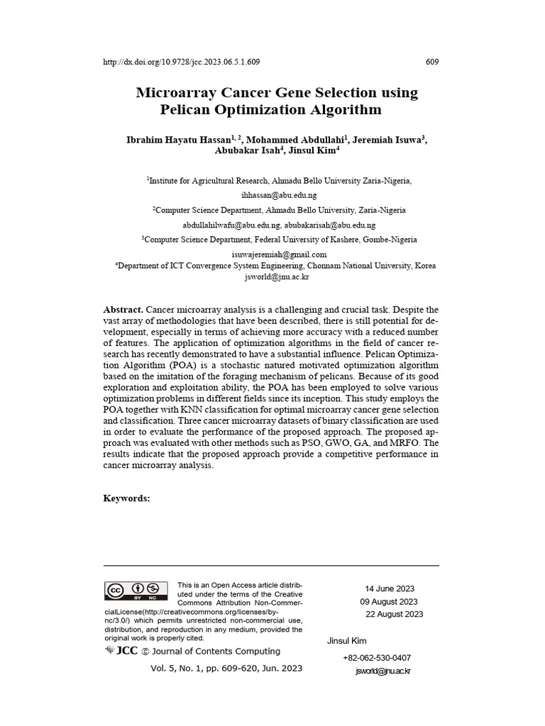 Microarray Cancer Gene Selection Using Pelican Optimization Algorithm | PDF | Mathematical ...