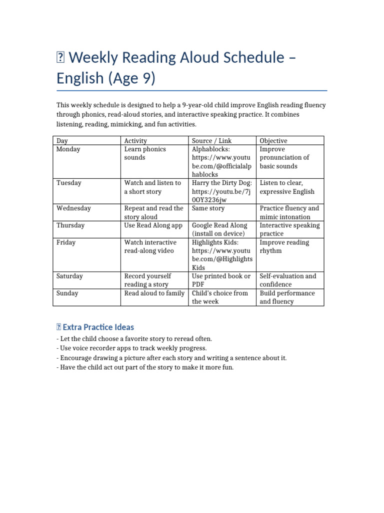 Weekly English Reading Schedule Age 9 | PDF