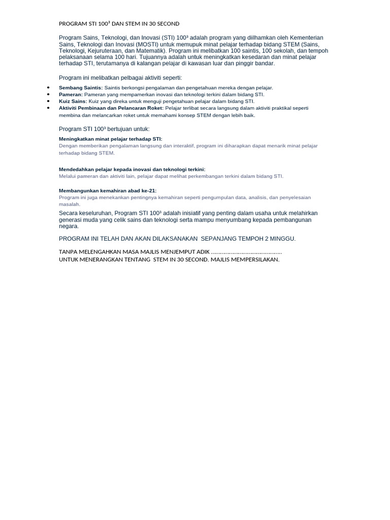 Program Sti 100 Dan Stem in 30 Second | PDF