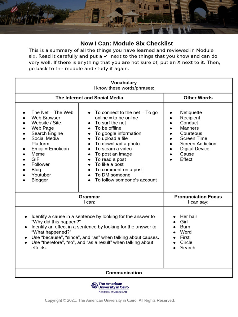 F.23. Module Six Checklist | PDF | Cyberspace | World Wide Web