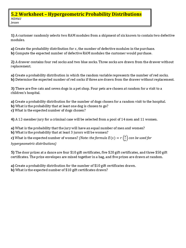 5.2 Worksheet - Hypergeometric Probability Distributions | PDF ...