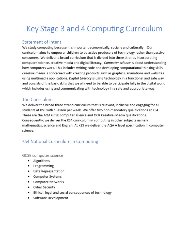 KS3-4 Computing Curriculum | PDF | Computer Programming | Computing