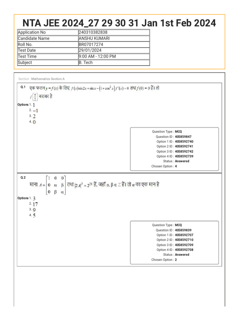JEE 2024 Candidate Answer Sheet | PDF | Multiple Choice | Qualifications