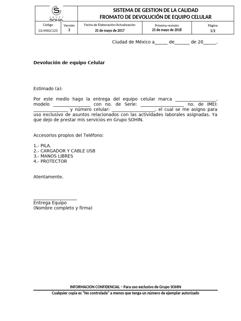 GS-MSGC-123 - V2-Formato de Devolución de Equipo Celular | PDF