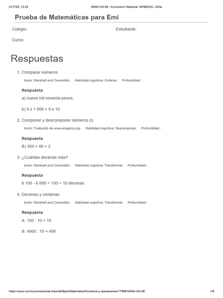 Prueba de Matemáticas para 4° Básico | PDF