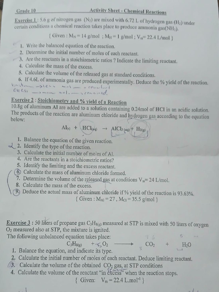 Chemical Reaction Worksheet | PDF | Stoichiometry | Mole (Unit)
