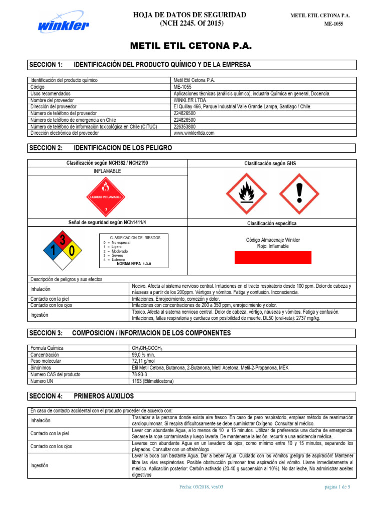 Hoja de Seguridad: Metil Etil Cetona | PDF | Agua | Combustión