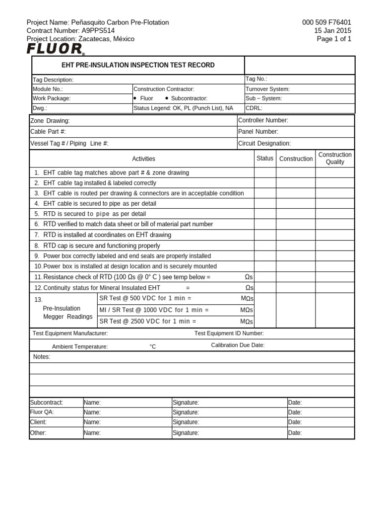 F76401 Eht Pre-Insulation Inspection Test Record | PDF