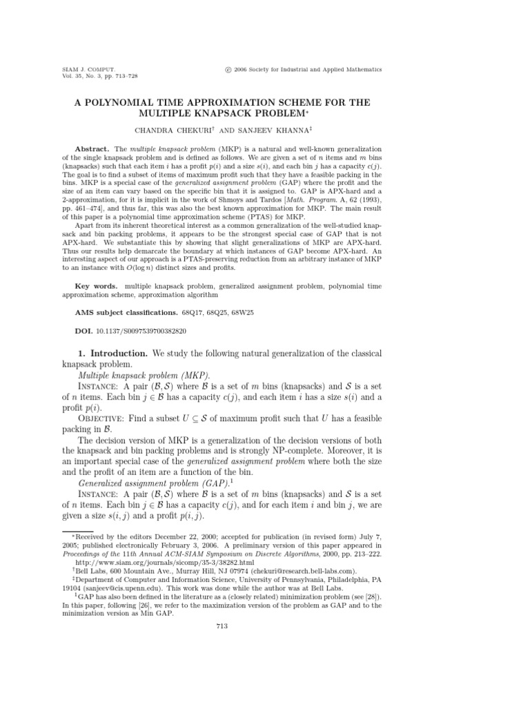A Polynomial Time Approximation Scheme For The Multiple Knapsack Problem | PDF | Algorithms ...
